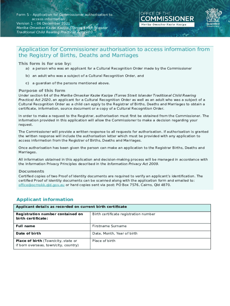 5 - Application for Commissioner authorisation. Torres Strait Islander ...