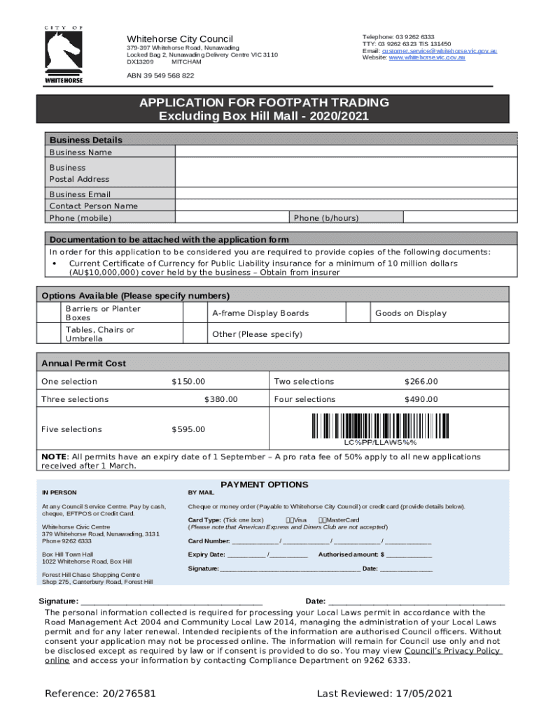 APPLICATION FOR FOOTPATH TRADING ... Doc Template | pdfFiller