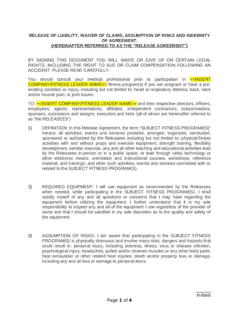 RELEASE OF LIABILITY, WAIVER OF CLAIMS, ASSUMPTION OF RISKS AND INDEMNITY OF AGREEMENT Doc ...
