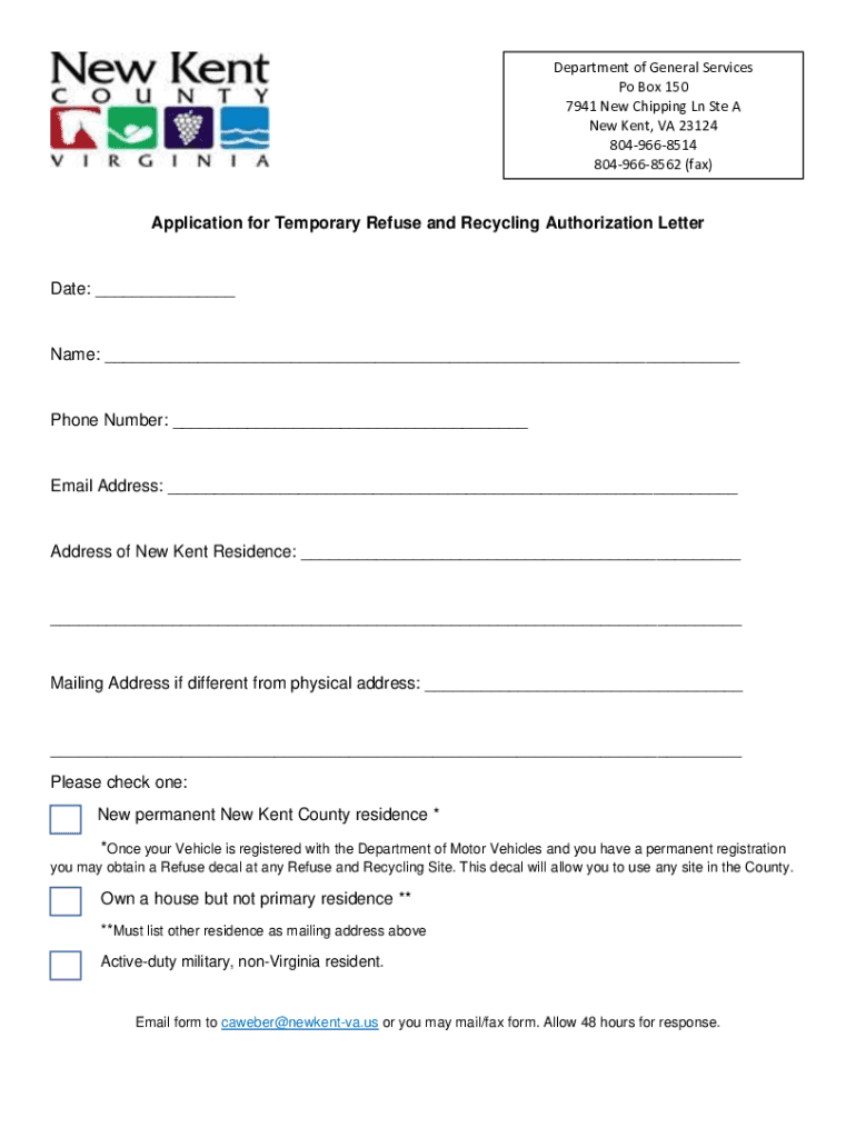 Fillable Online Application for Temporary Refuse and Recycling ...