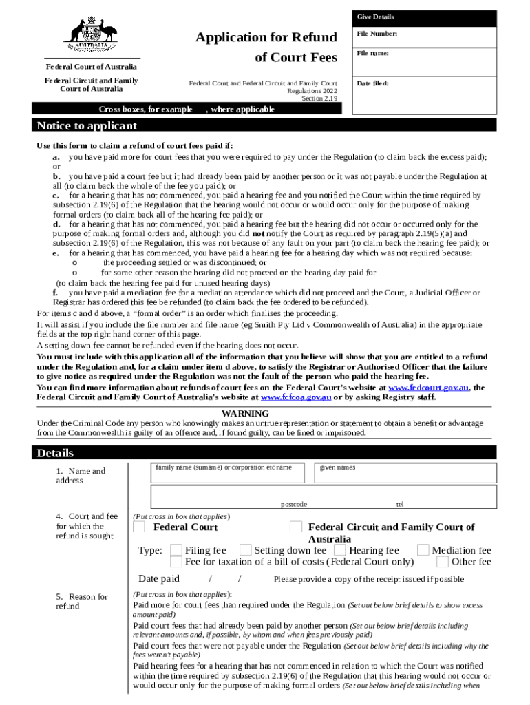 Application for refund of Court fees - general federal law Doc Template ...
