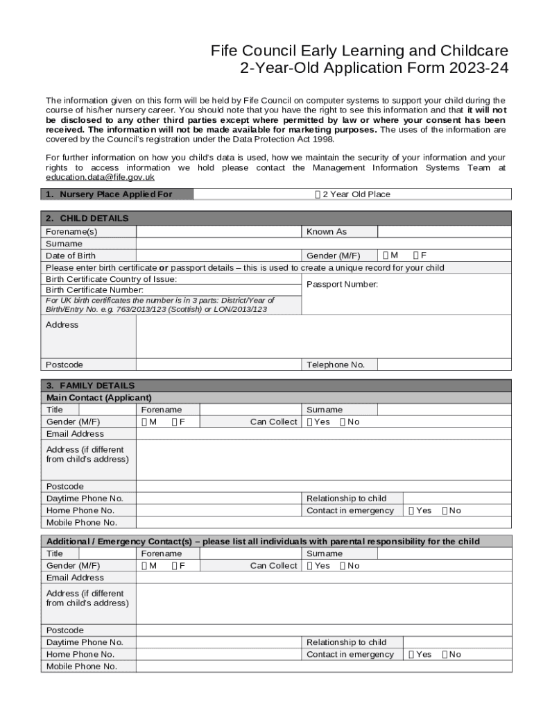 Application for eligible two-year-olds - Session 2023/24 Doc Template | pdfFiller