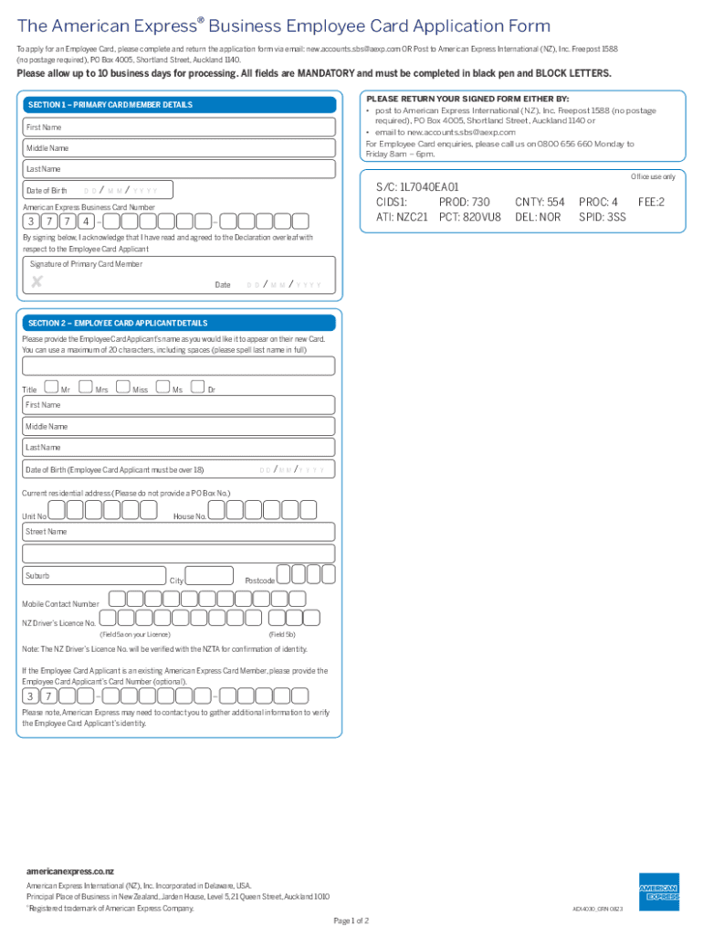 Fillable Online . NZ Business Employee Card Application Form - Green ...
