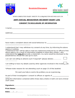 ASB Diary Record Sheet Incident Doc Template | pdfFiller