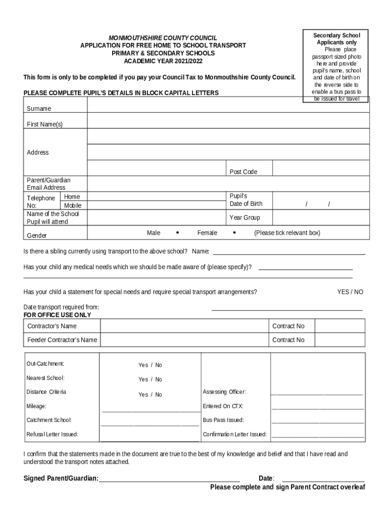 Free home to school transport application Doc Template | pdfFiller