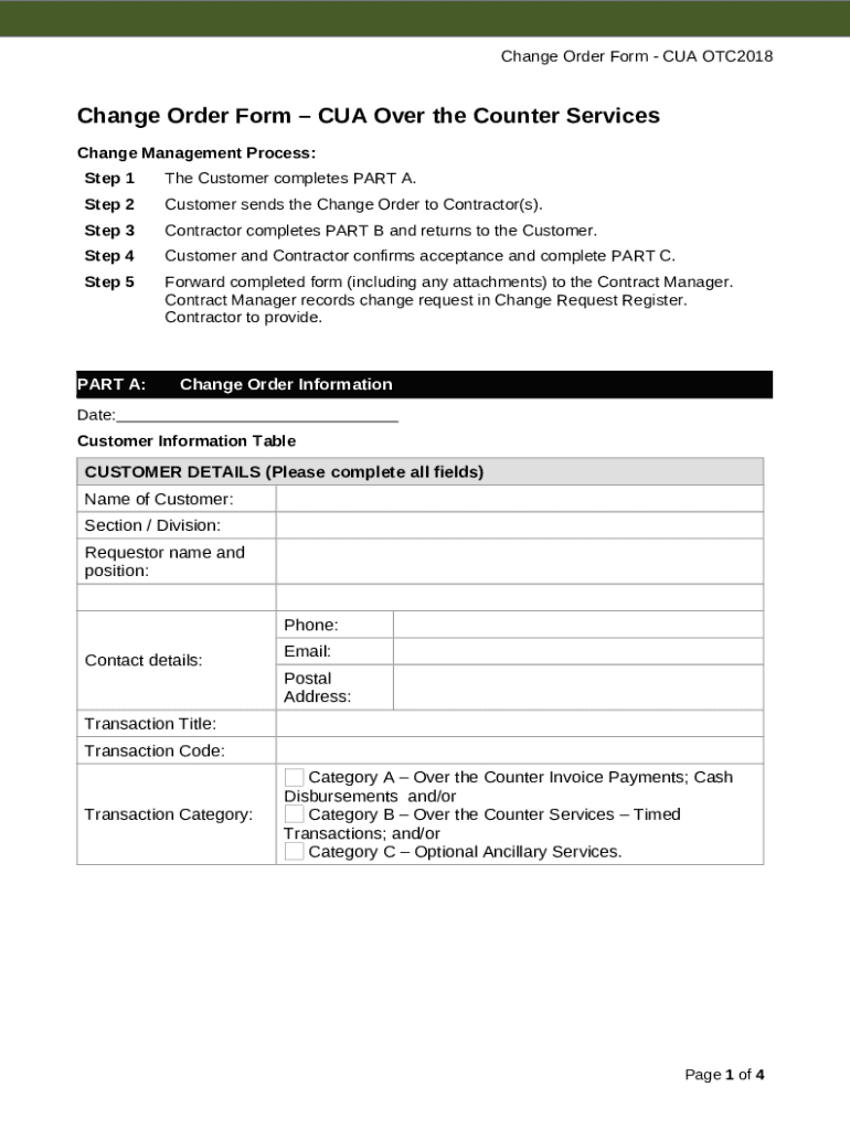 Change Order CUA Over the Counter Servi Doc Template | pdfFiller