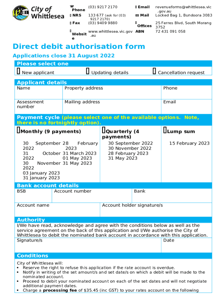Direct debit authorisation Applications ... Doc Template | pdfFiller