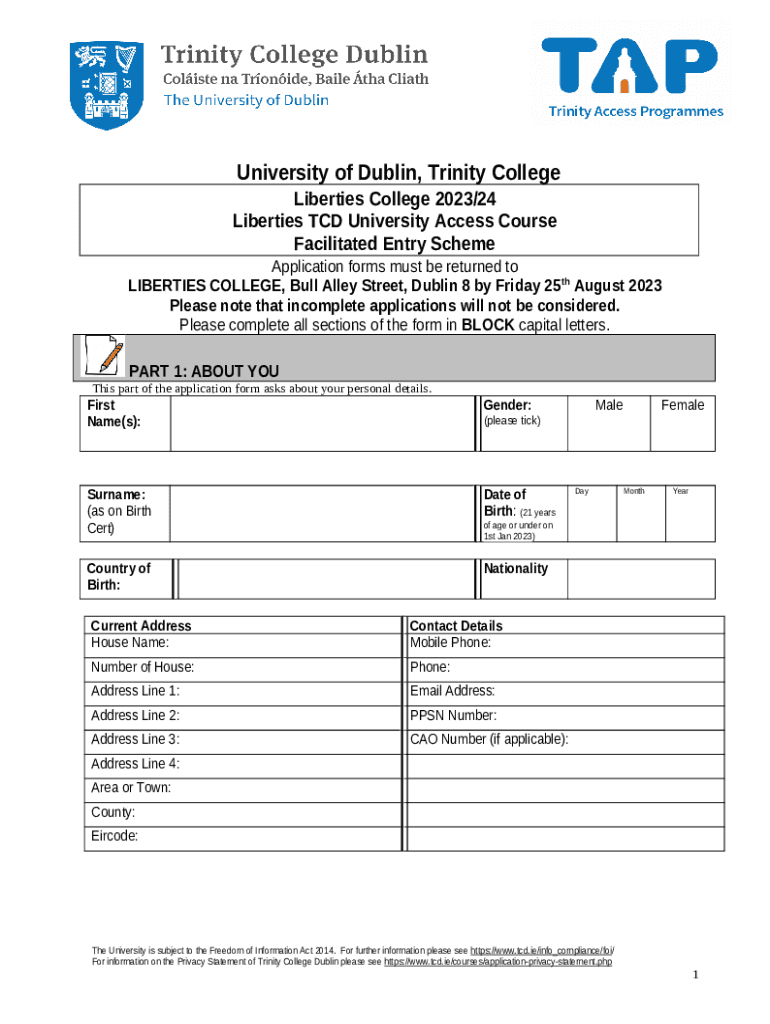University of Dublin, Trinity College Application 2022/ ... Doc ...