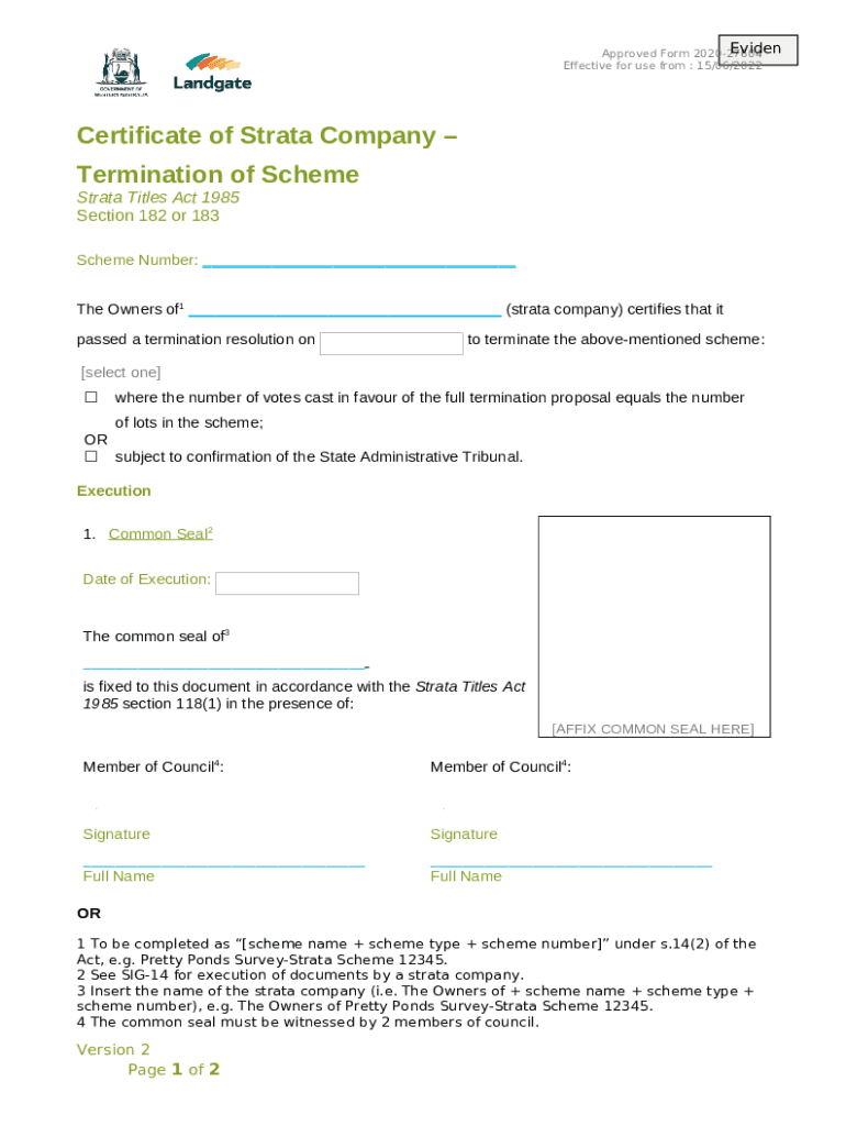 Certificate of Strata Company - Termination of Scheme Doc Template ...