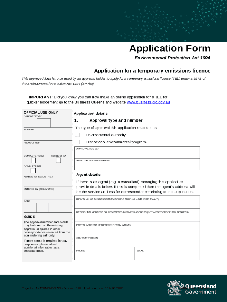 Application for a temporary emissions licence. This approved is to be ...
