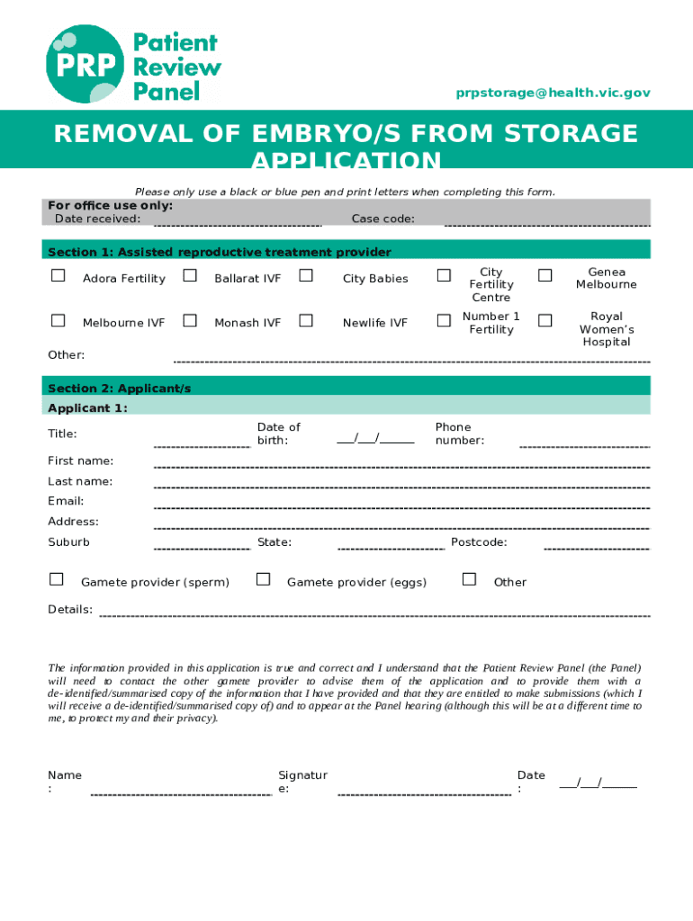 Removal of embryo from storage application Doc Template | pdfFiller