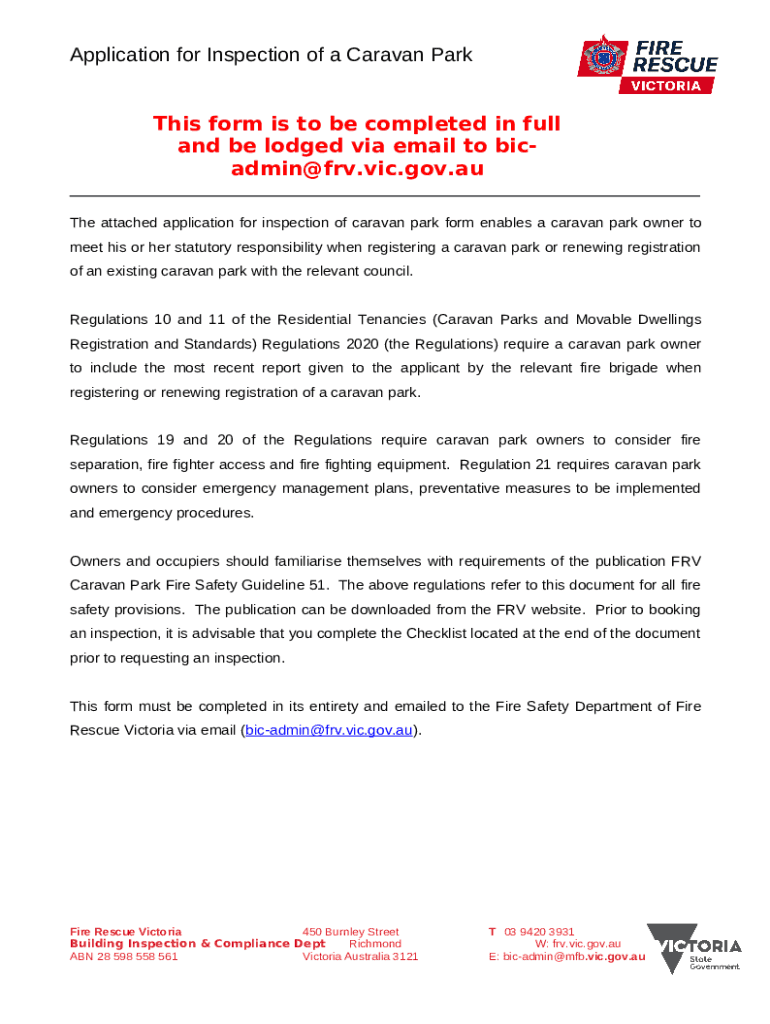 Application for Inspection of a Caravan Park Doc Template | pdfFiller