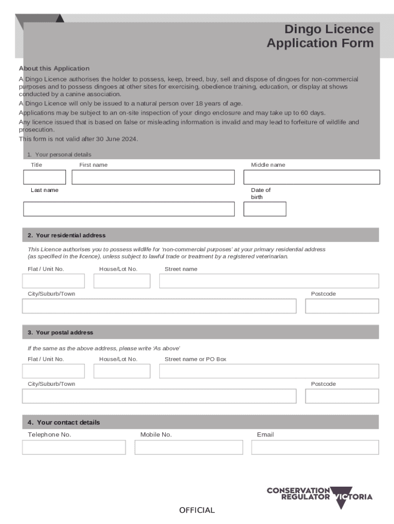Application for licence to keep Dangerous Wild Animals Doc Template | pdfFiller