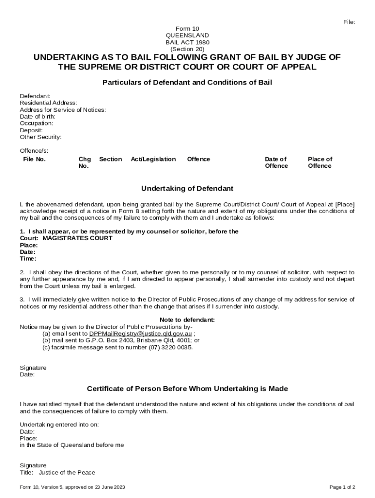 10Undertaking as to bail following grant of ... Doc Template | pdfFiller