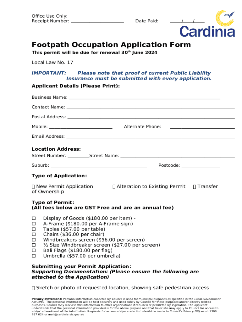 2019 2020 - Application - Footpath Occupation Doc Template | pdfFiller