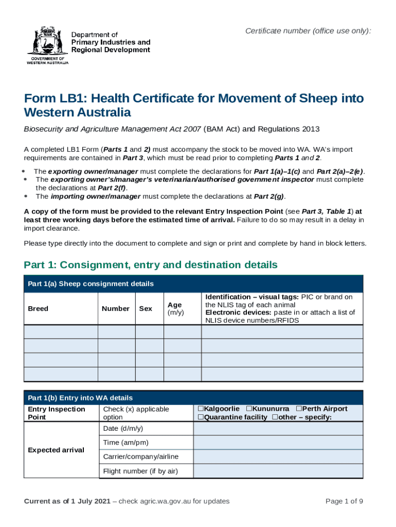LB1: Health Certificate for Movement of Sheep into ... Doc Template ...