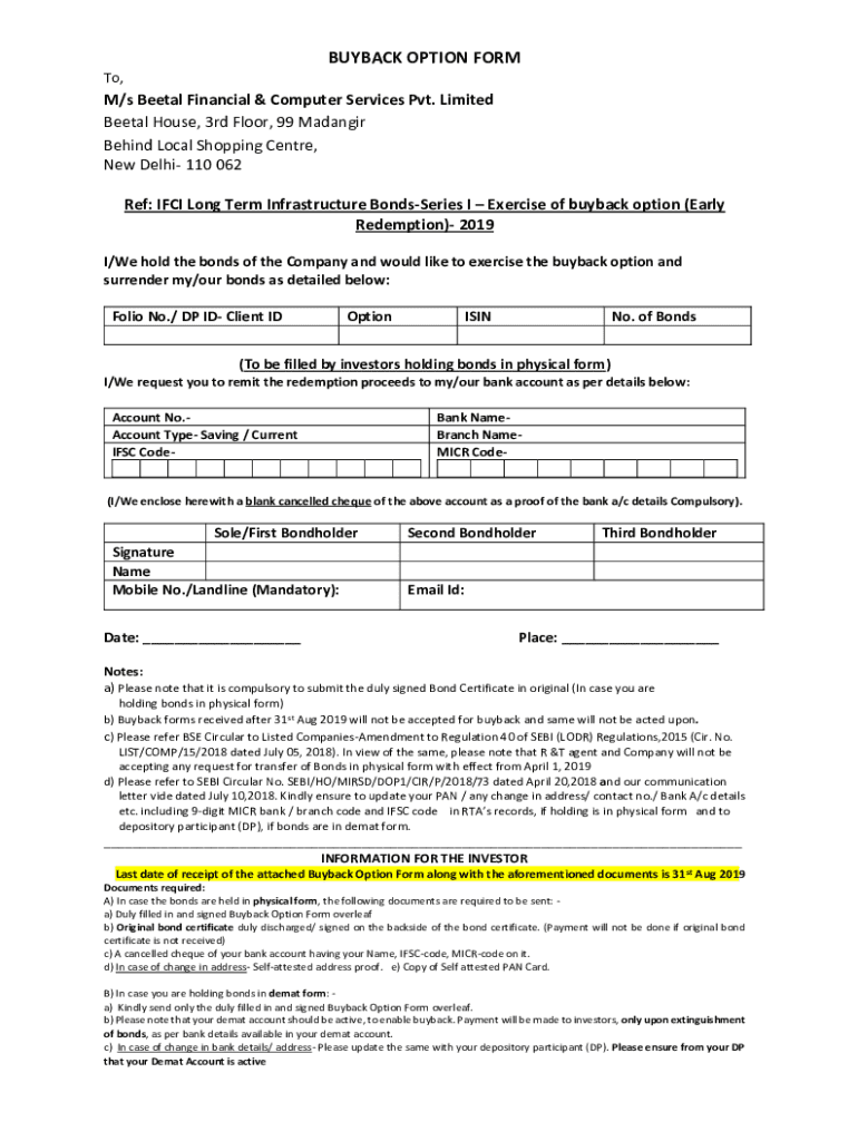 Fillable Online Fillable Online BUYBACK OPTION FORM To, M/s Beetal ...