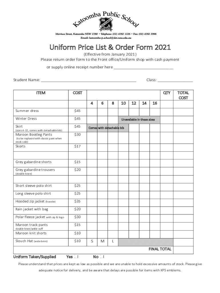Fillable Online Uniform Price List & Order Form 2021 Fax Email Print - pdfFiller