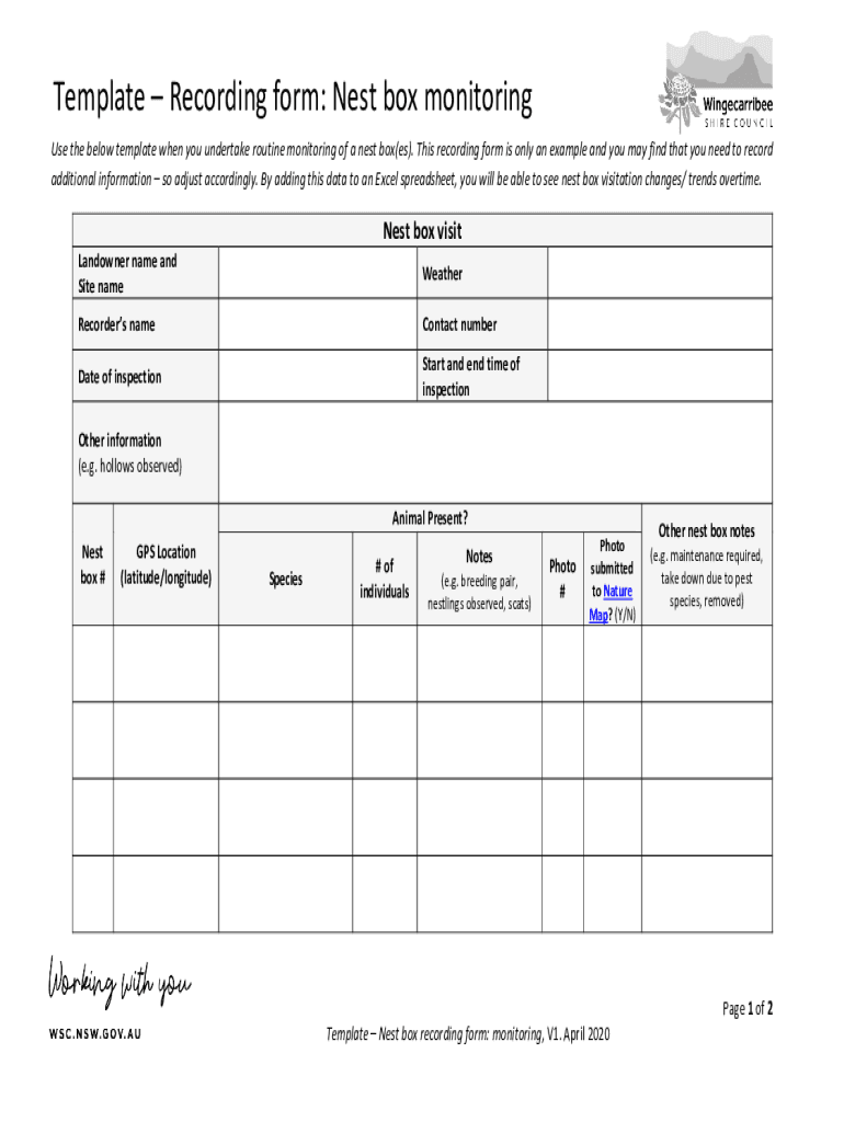 Fillable Online TemplateRecording form: Nest box monitoring Fax Email ...