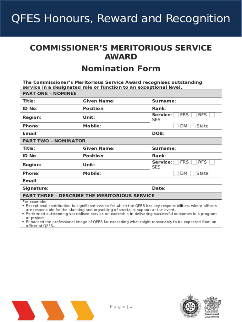 Commissioners Meritorious Service Award Nomination Doc Template | pdfFiller