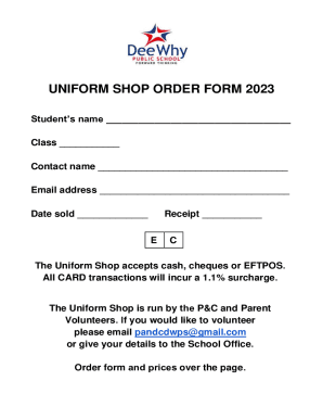 Fillable Online UNIFORM SHOP ORDER FORM 2023 Fax Email Print - pdfFiller