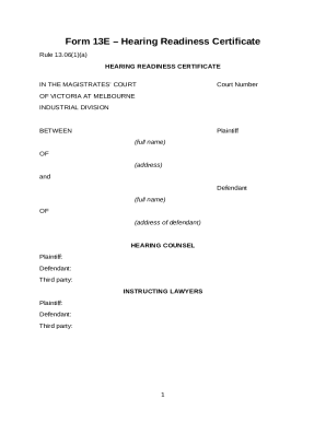 13E Hearing Readiness Certificate Doc Template | pdfFiller