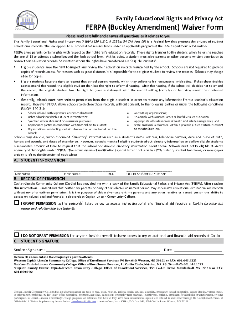 Fillable Online Family Educational Rights and Privacy Act (FERPA or ... Fax Email Print - pdfFiller
