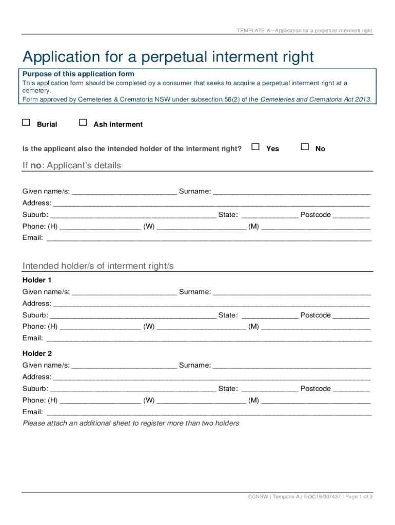Fillable Online Application for a perpetual interment right. form Fax ...