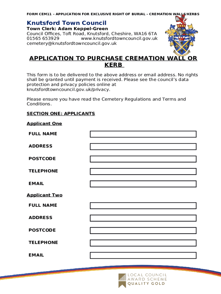 application for cremation wall/kerb plot Doc Template | pdfFiller