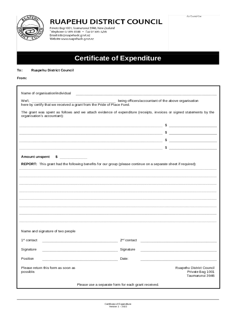 CERTIFICATE OF EXPENDITURE Doc Template | pdfFiller