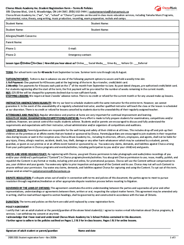 Fillable Online Chorus Music Academy Inc. Student Registration Form Fax Email Print - pdfFiller