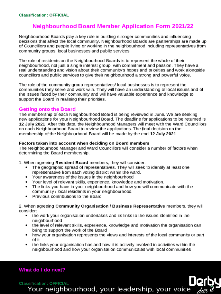 Neighbourhood Board Member Application 2021/22 Doc Template | pdfFiller