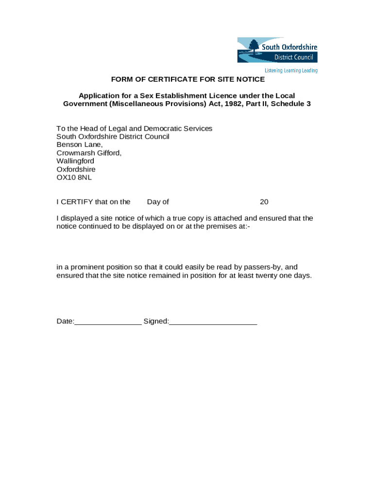 OF CERTIFICATE FOR SITE NOTICE Doc Template | pdfFiller