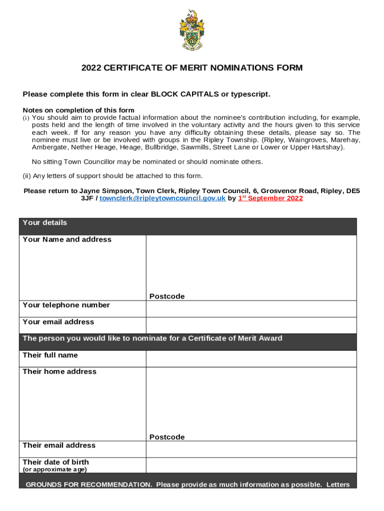 2022 certificate of merit nominations Doc Template | pdfFiller