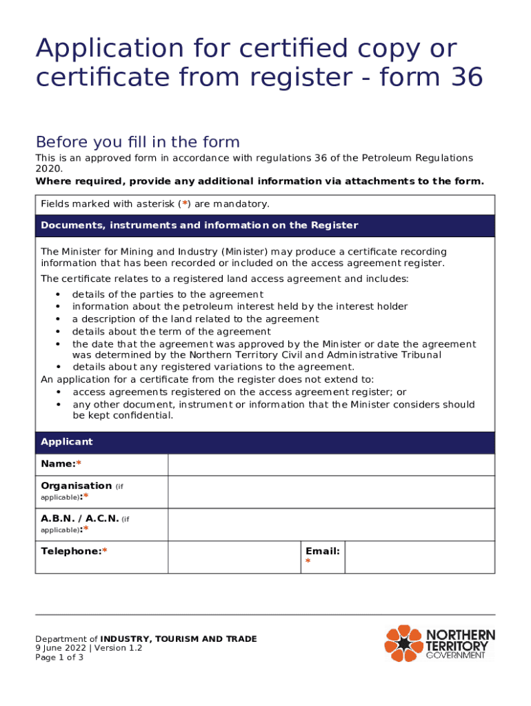 Application for certified copy or certificate from register - 36 - nt ...