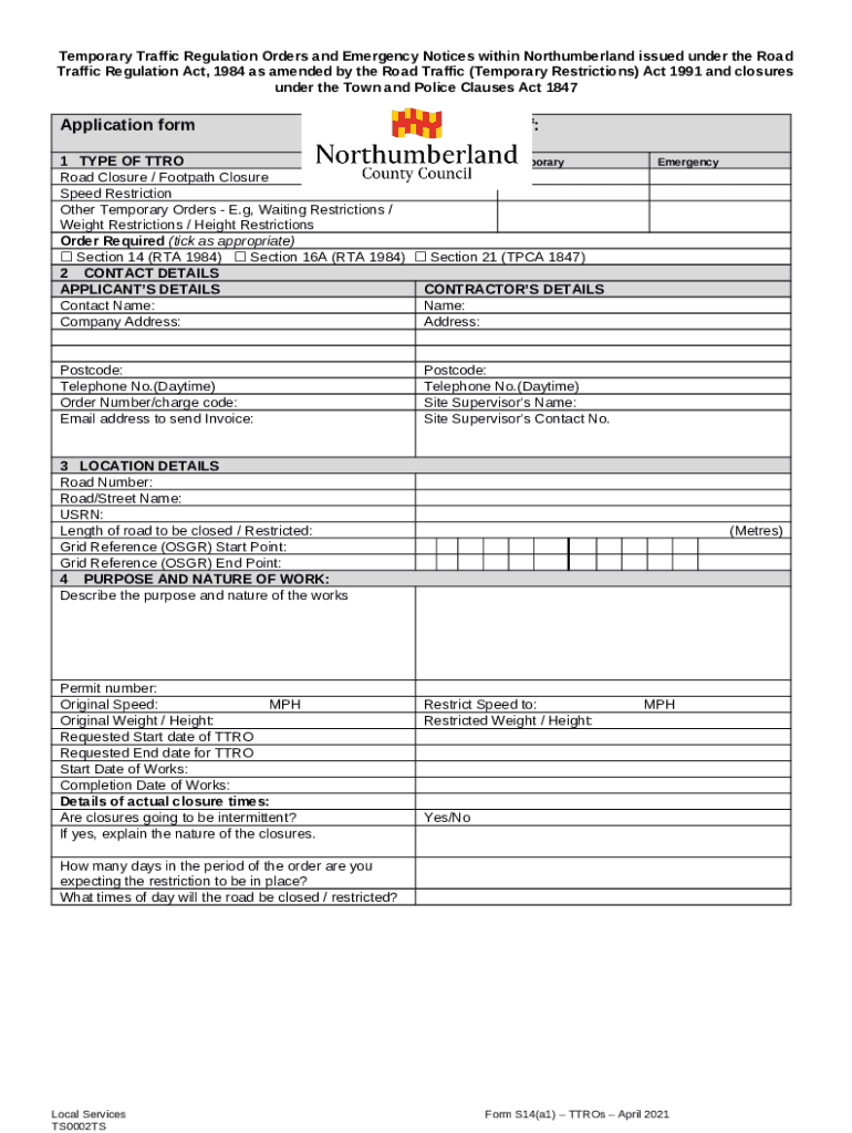 temporary traffic regulation orders application Doc Template | pdfFiller