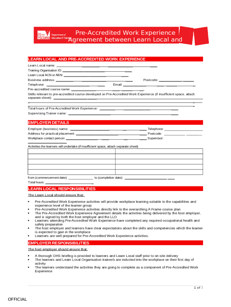 Pre-accredited-Work-Experience-Agreement.docx Doc Template | pdfFiller