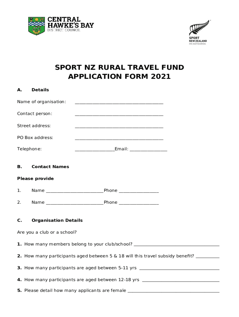sport nz rural travel fund application 2020/2021 Doc Template | pdfFiller