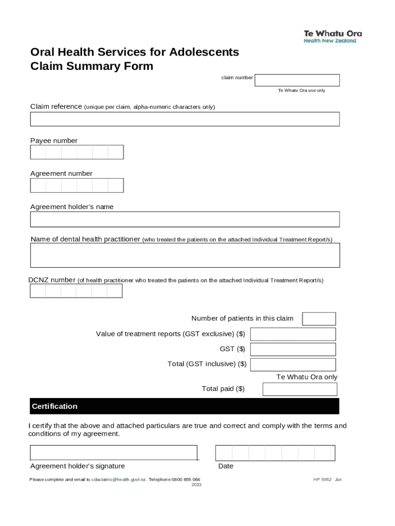 Oral Health Services for Adolescents Claim Summary Doc Template | pdfFiller