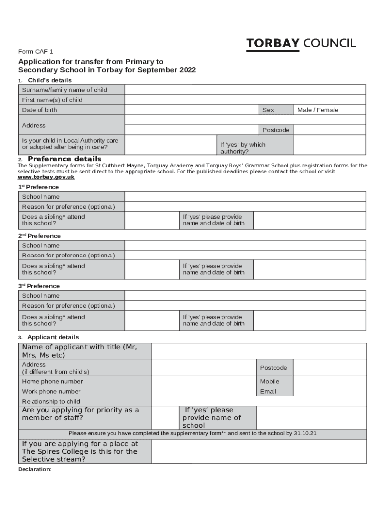 Online torbay gov CAF 1 Application for ... Doc Template | pdfFiller