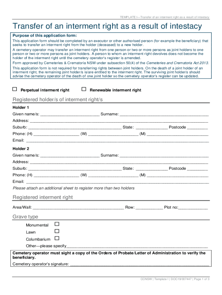 Fillable Online Transfer of an interment right as a result of intestacy ...