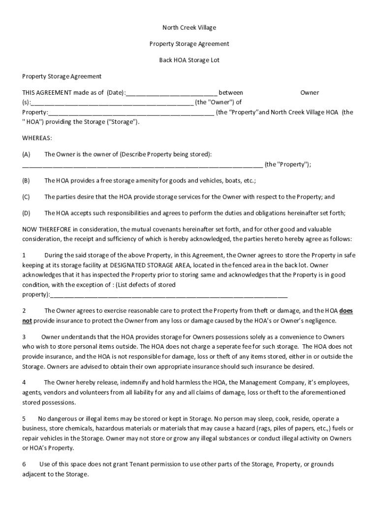 Fillable Online North Creek Village Property Storage Agreement Back HOA ...
