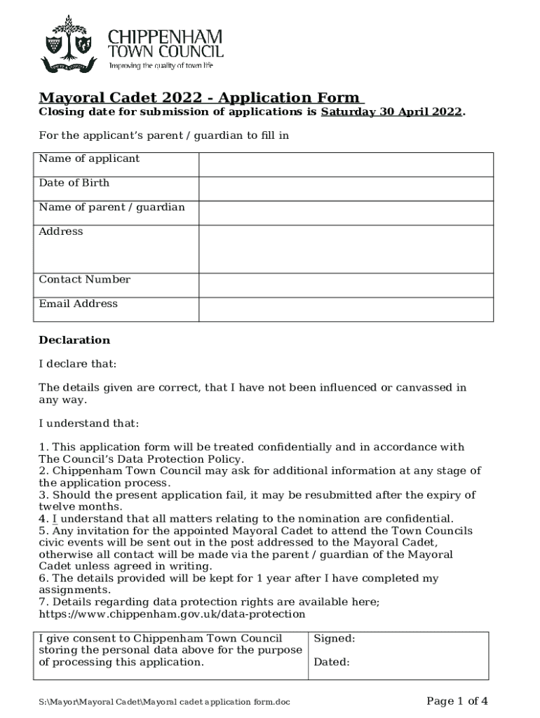 Mayoral Cadet 2022 - Application Doc Template | pdfFiller