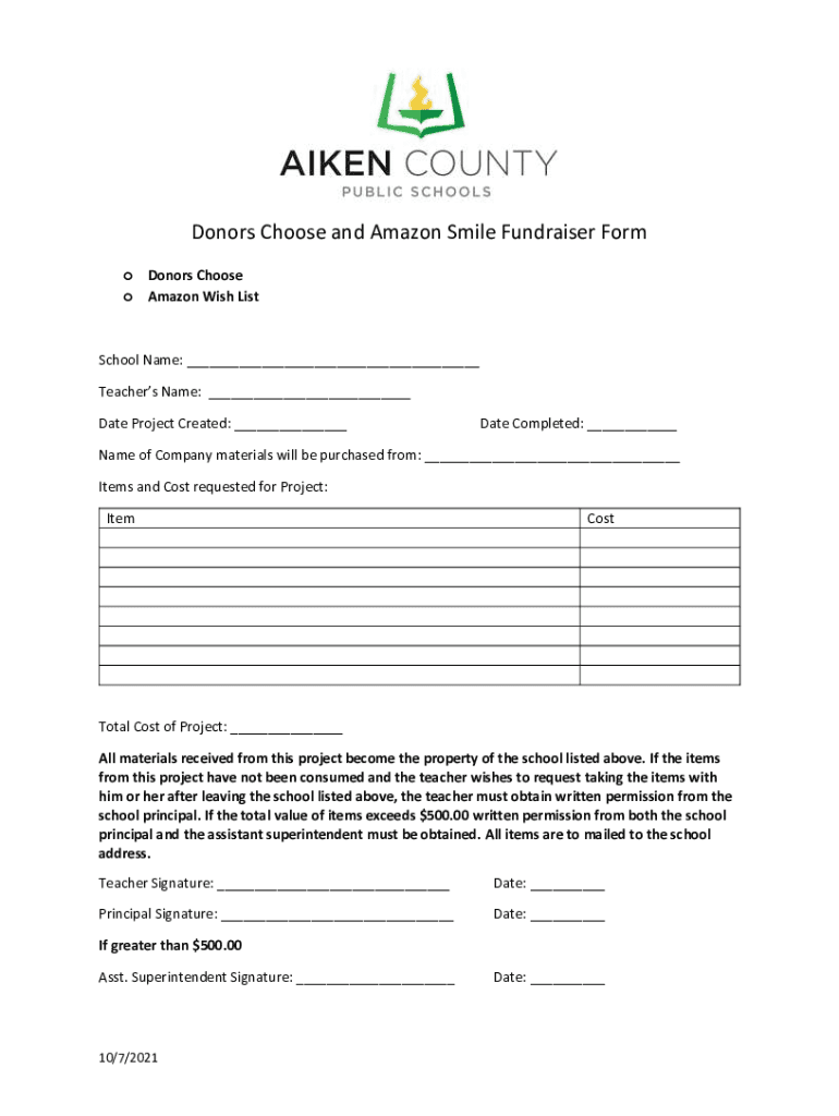 Fillable Online Donors Choose and Amazon Smile Fundraiser Form Fax ...