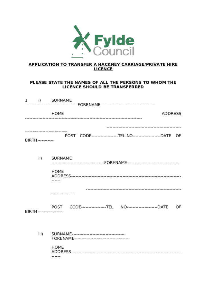 Transfer an existing vehicle licence Doc Template | pdfFiller