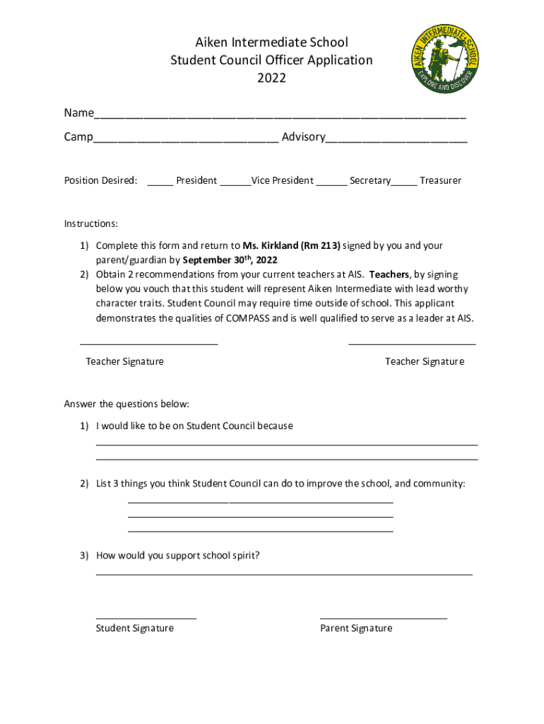 Fillable Online Aiken Intermediate School Student Council Officer ...