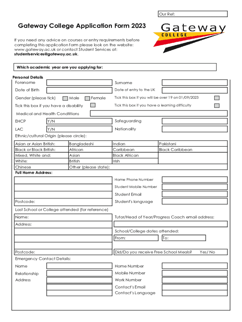 Fillable Online Gateway Sixth Form College digital application form 2023 Fax Email Print - pdfFiller