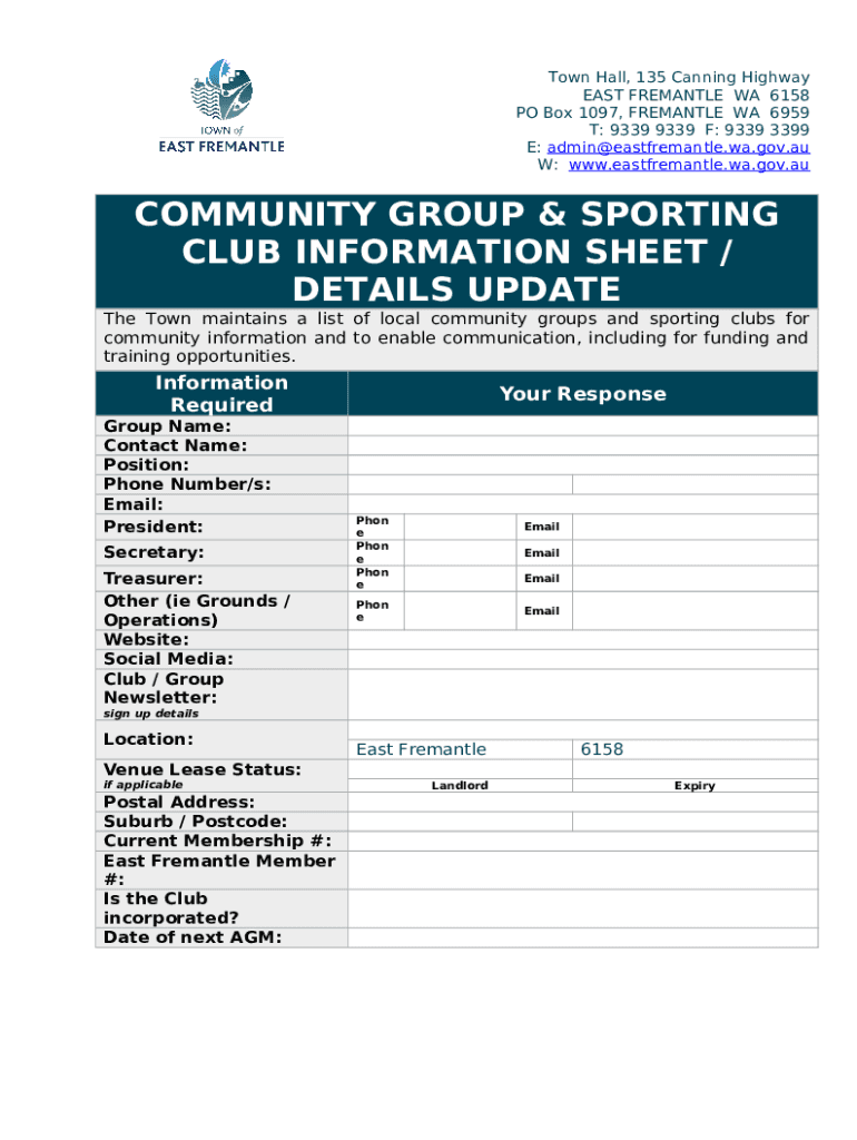 community group & sporting club ination sheet / details ... Doc ...