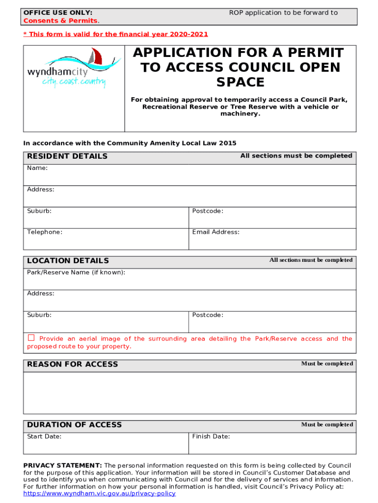 Application - Booking - Vehicle Access to Council Reserve Doc Template ...