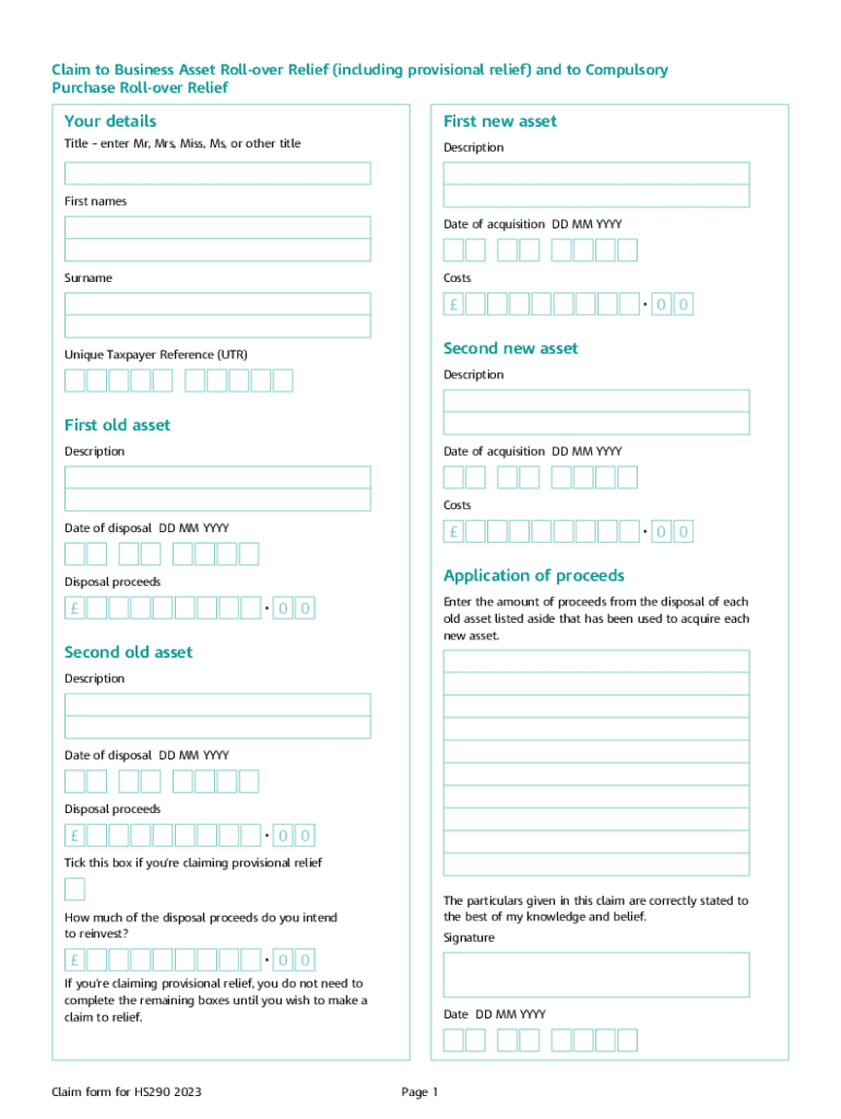 Fillable Online HS290 Claim to Business Asset Roll-over Relief. Claim ...